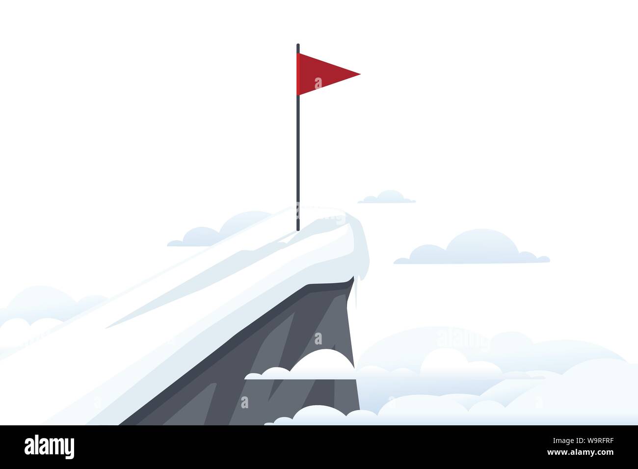 Red flag on snowy mountain peak with clouds landscape flat vector ...