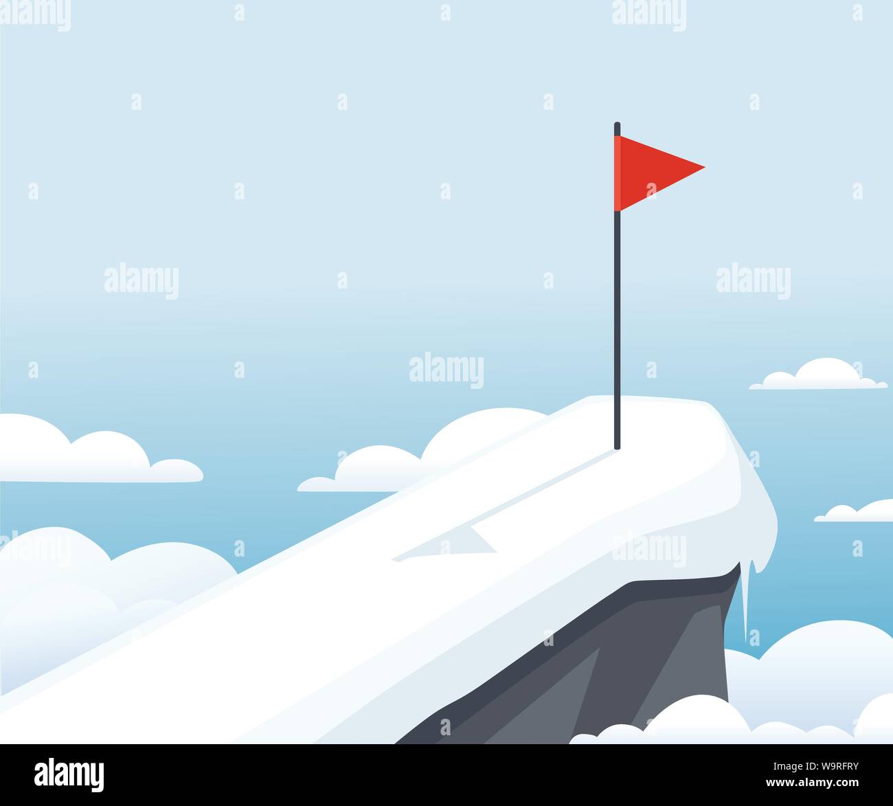 Red flag on snowy mountain peak with clouds landscape flat vector ...