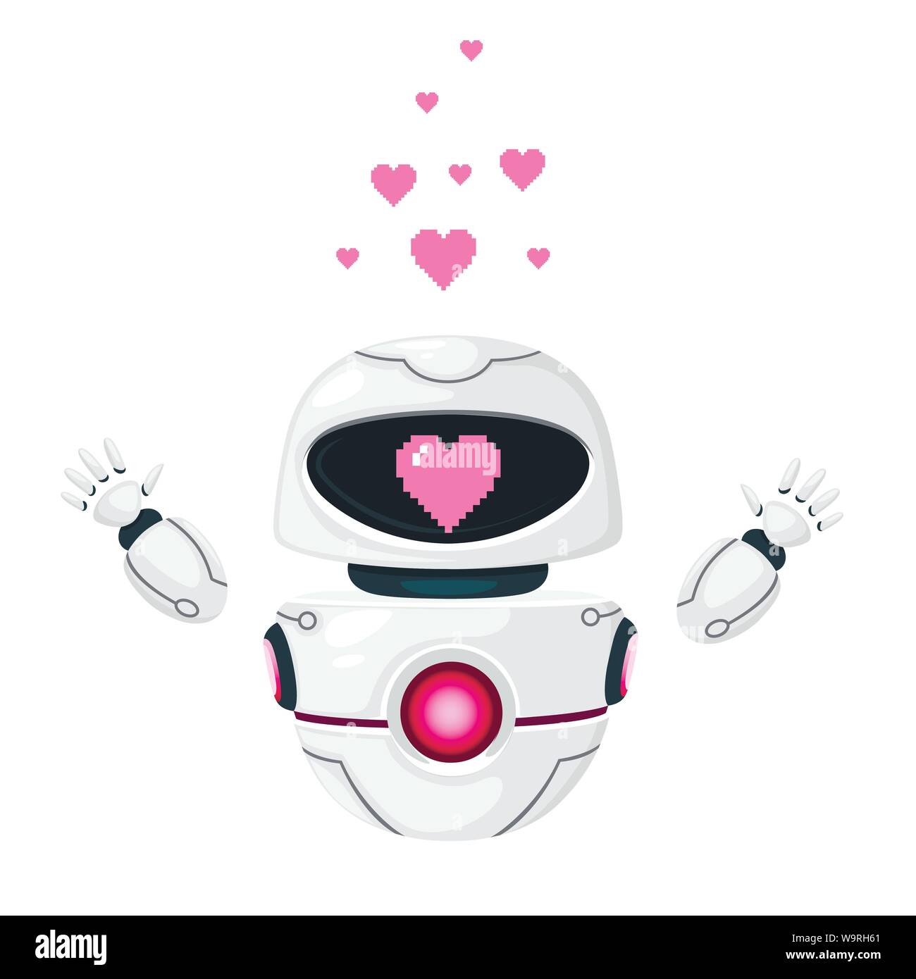 Cute white modern levitating robot raised hands and with pink heart ...