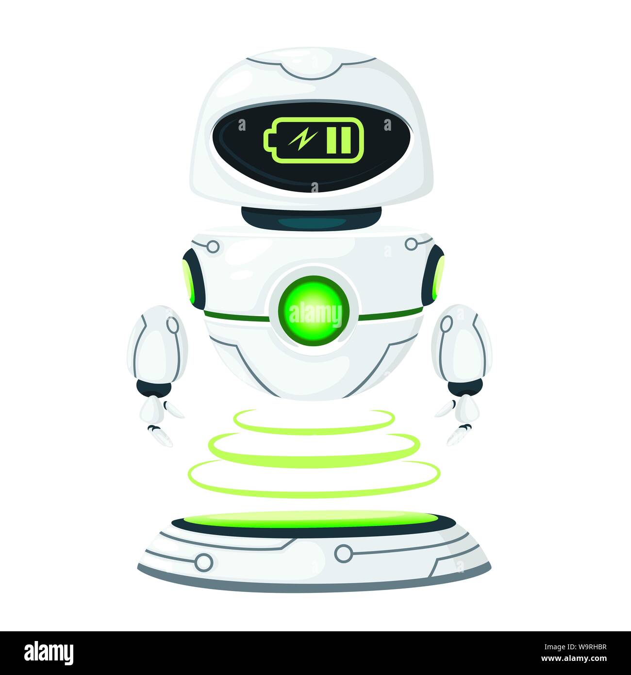 Cute white modern levitating robot charges at the docking station flat ...