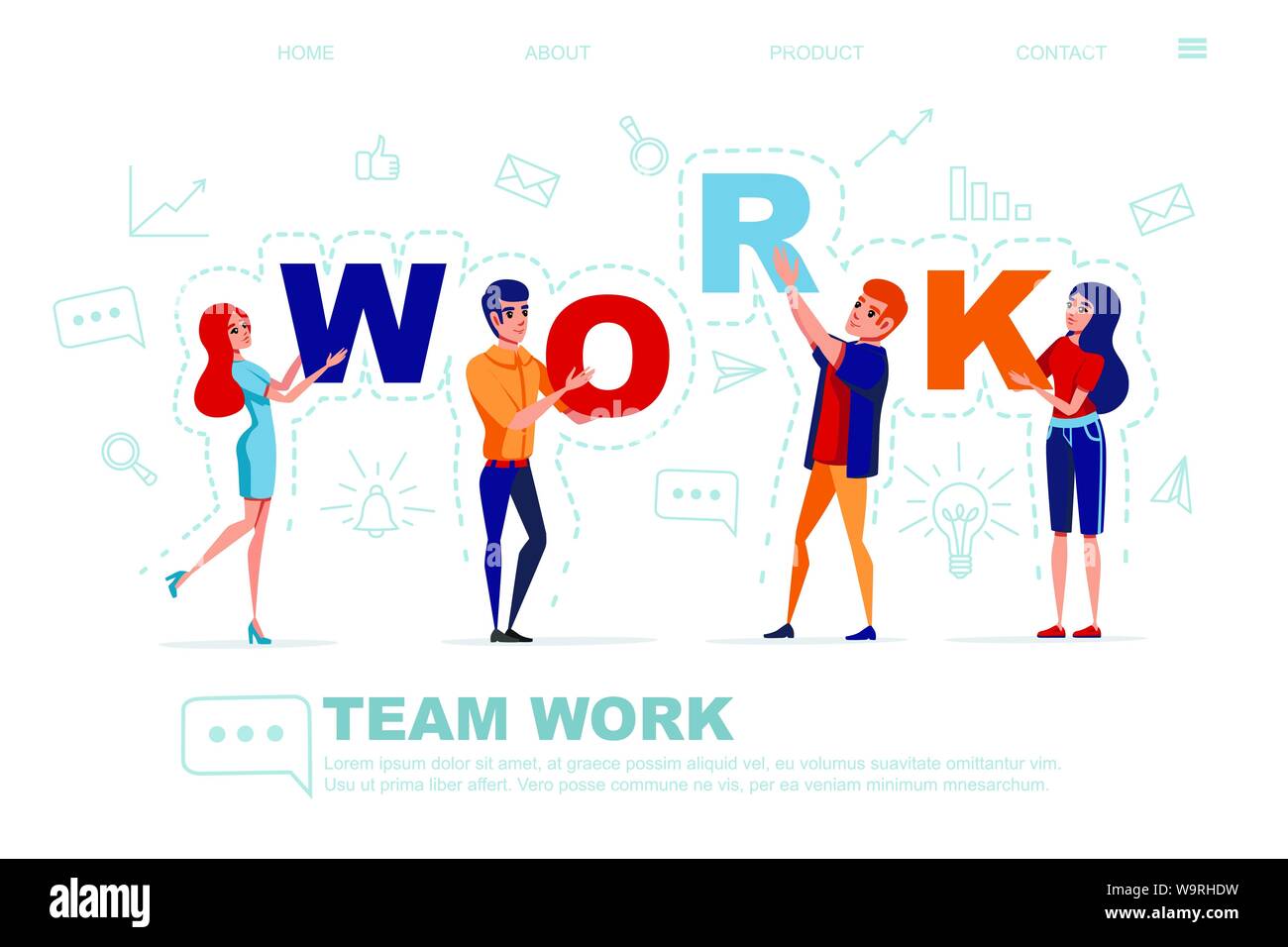 Teamwork concept with man and woman holding letters WORK with icon on background flat vector ...