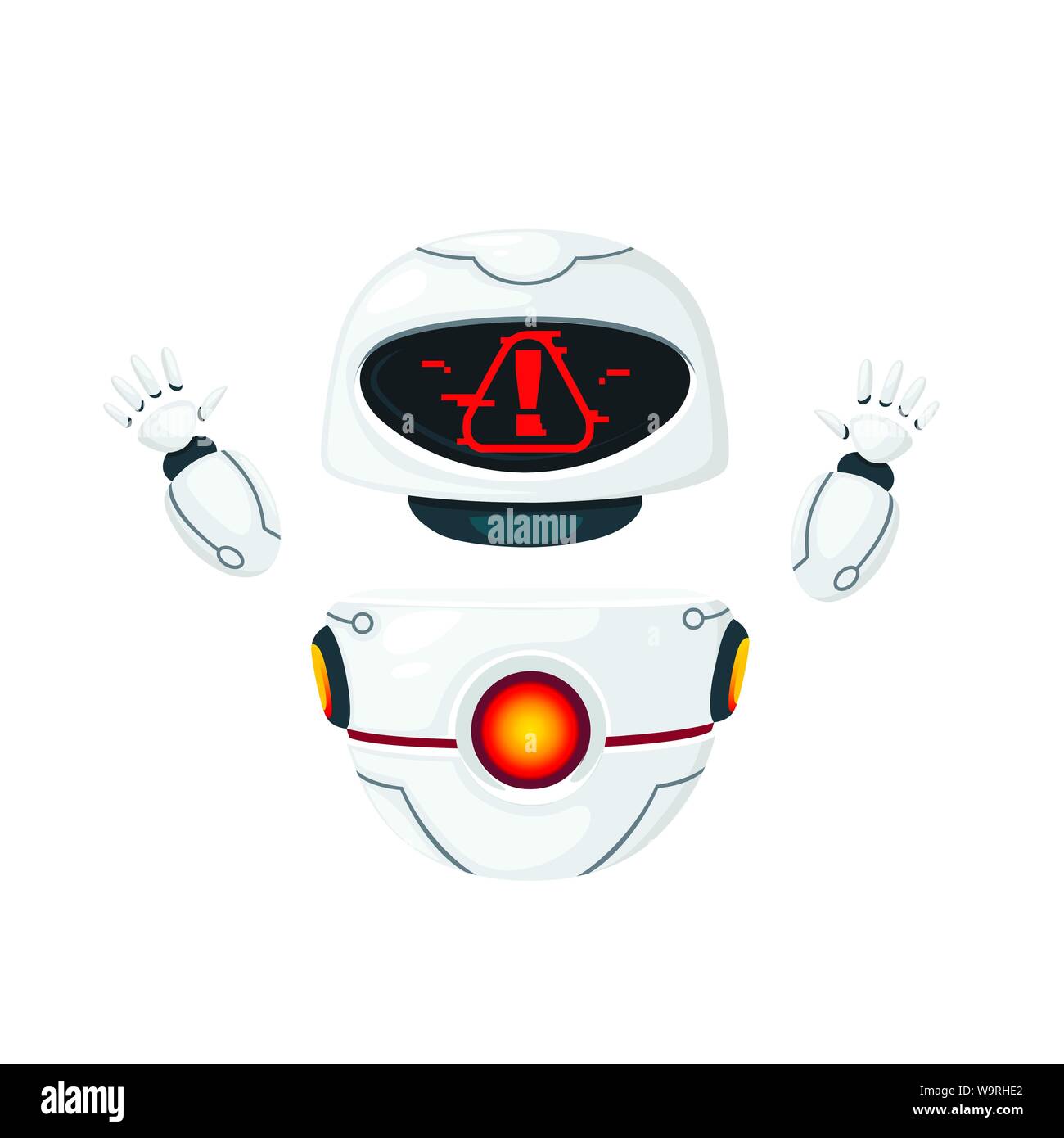 Cute white modern levitating robot raised hands and with alert face ...