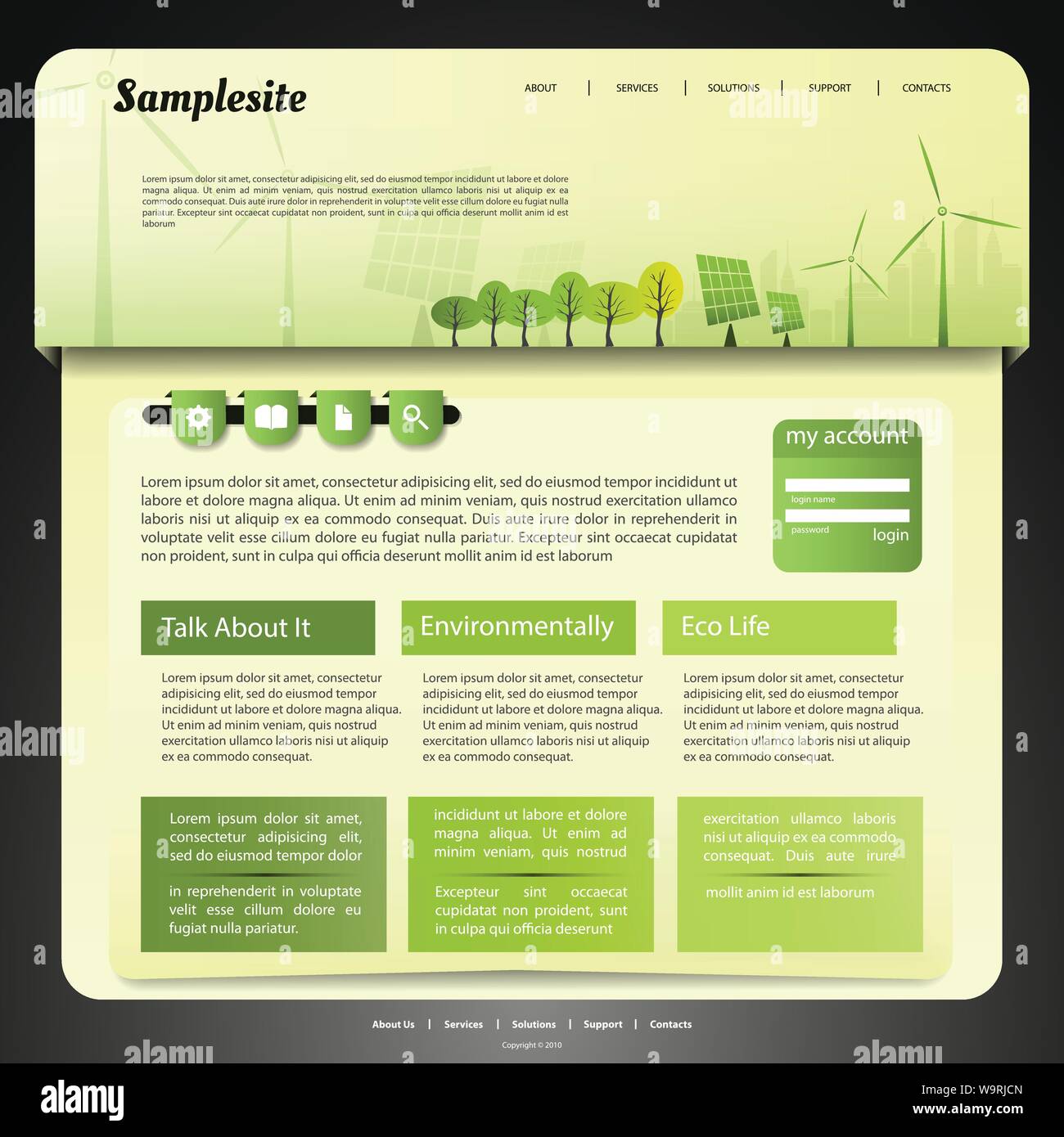 Green Eco Website Design Template with Trees, Solar Power and Windmills ...