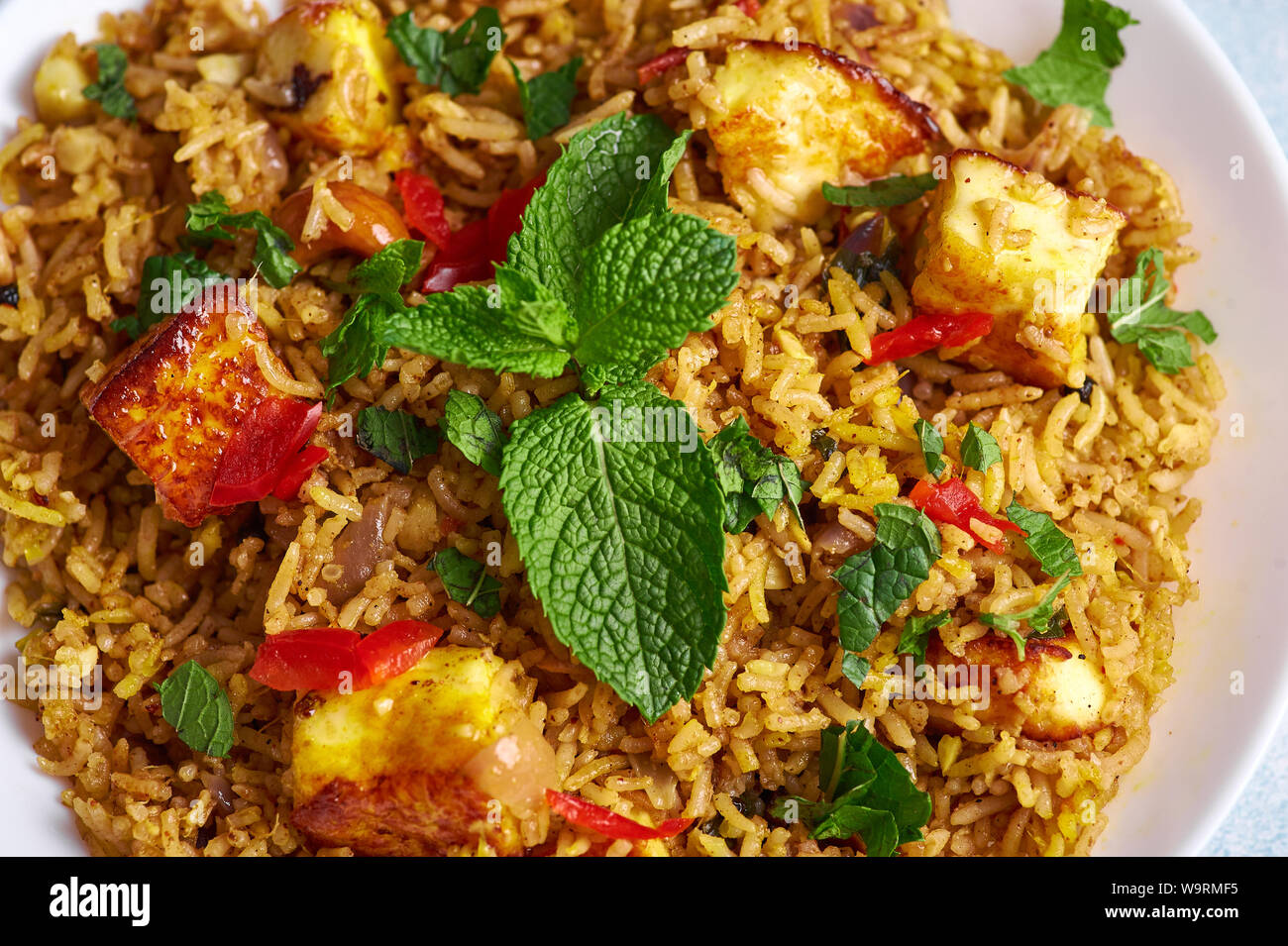 vegetarian paneer biryani at light blue background. paneer biryani is ...