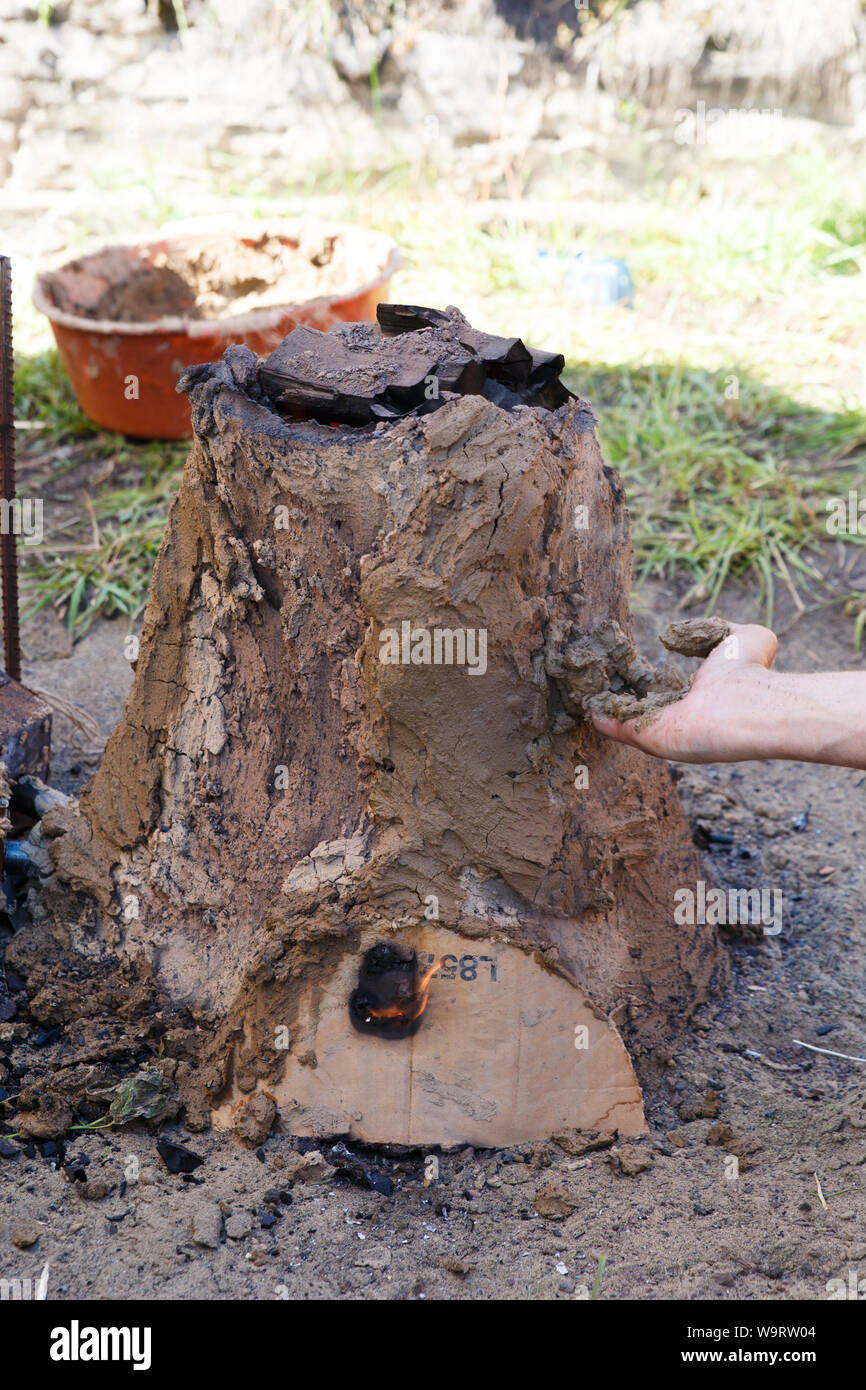 Horn. Medieval clay furnace for melting metal. Medieval metallurgy ...