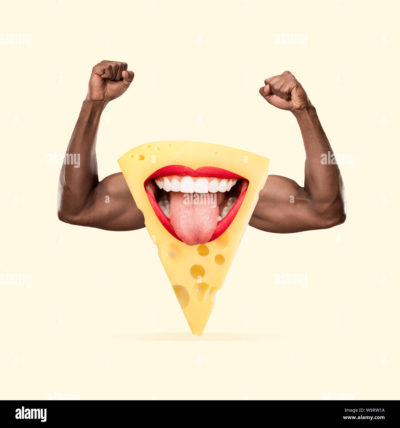 Good nutrition for your body. Cheese's slice with muscular male hands ...