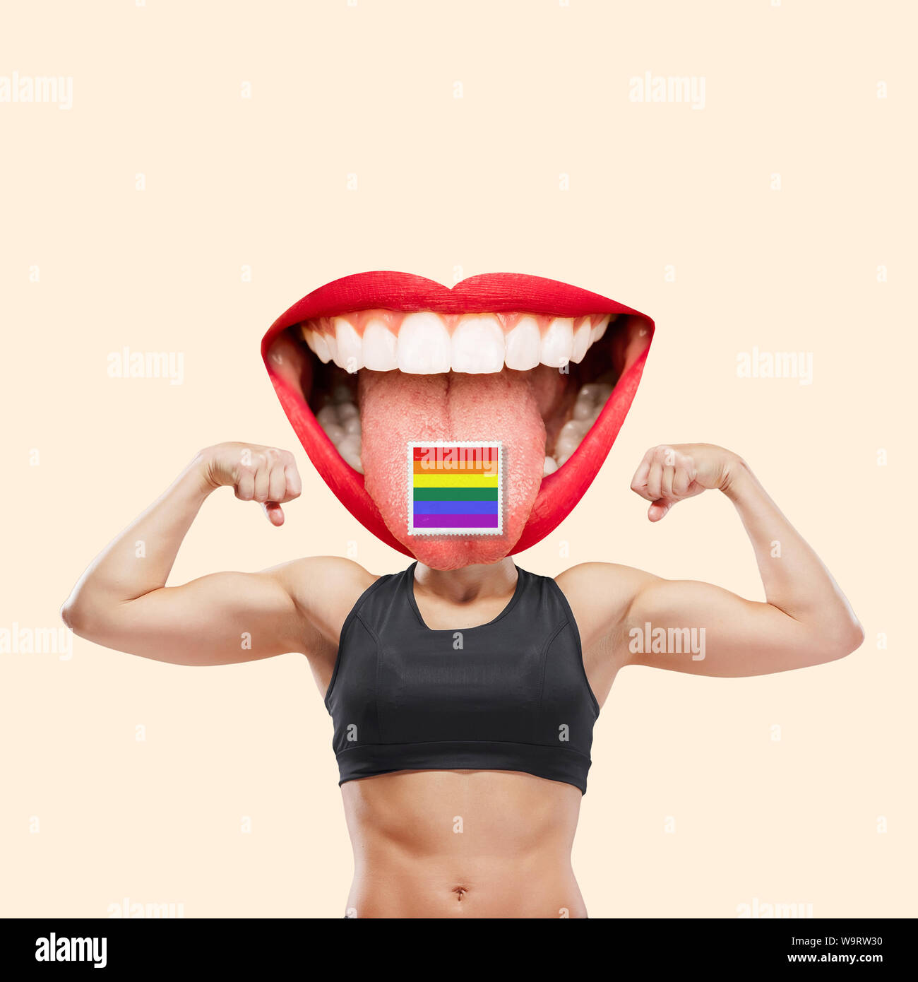 Female muscular body headed by big mouth with red lips and LGBT-flag ...