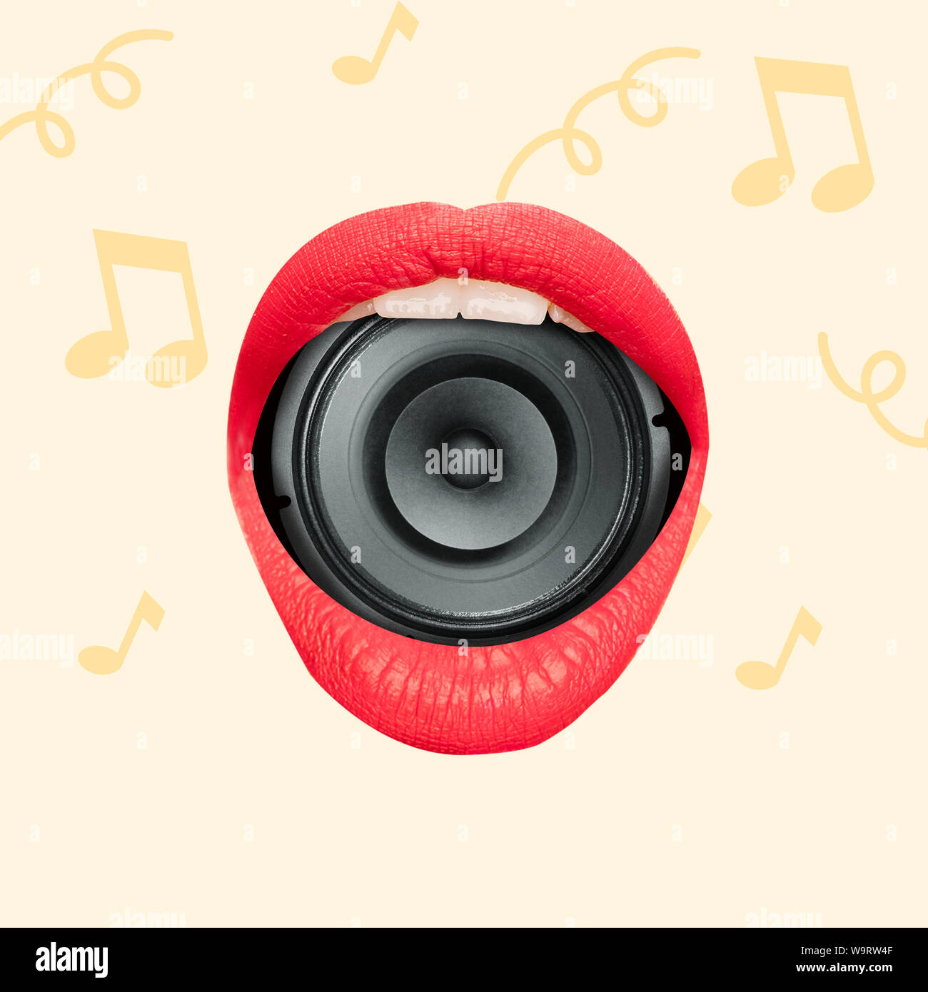 Talented singer, concept of brilliant voice. Female mouth with red lips ...