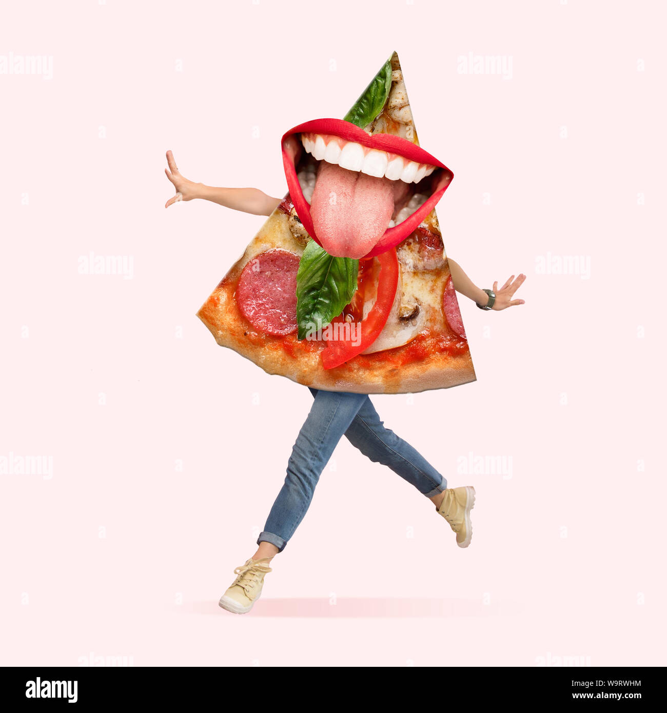 Fast food. Human body as a pizza's slice with big mouth running on ...