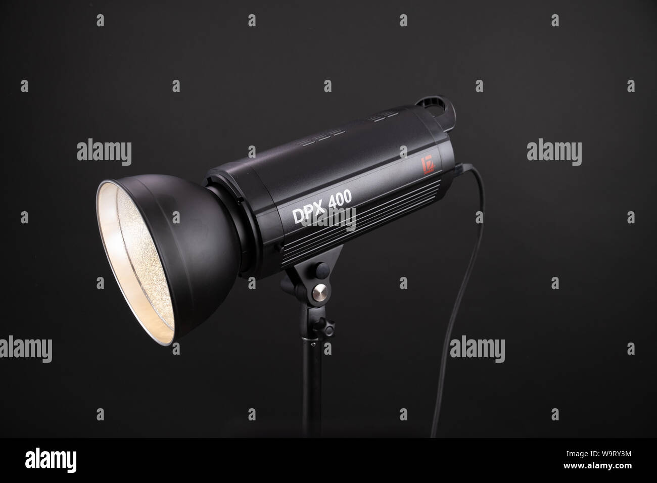 Photo studio strobe light flash bulb. Close up view of professional ...