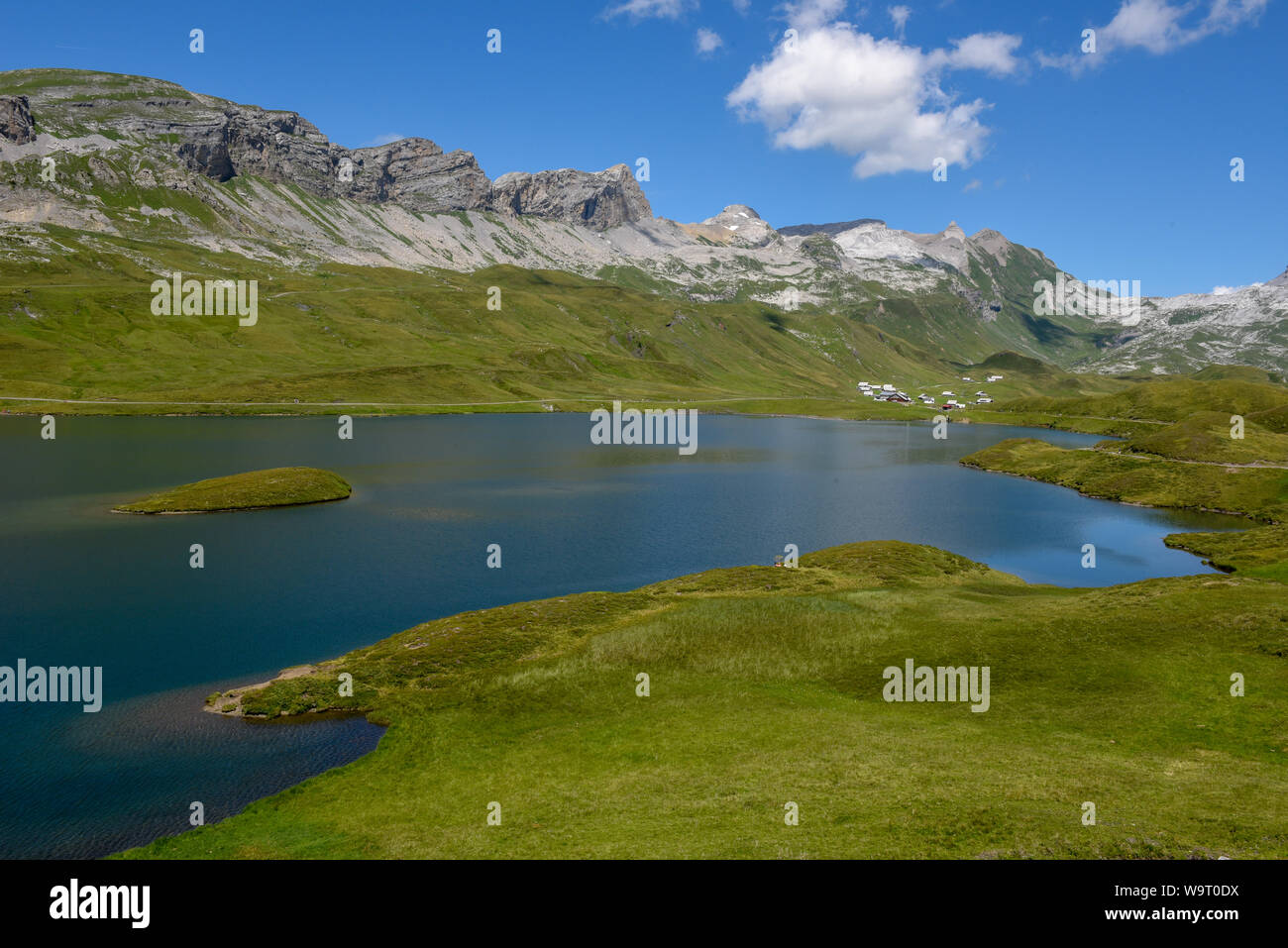 View at lake Tannensee over Engelberg on the Swiss alps Stock Photo - Alamy