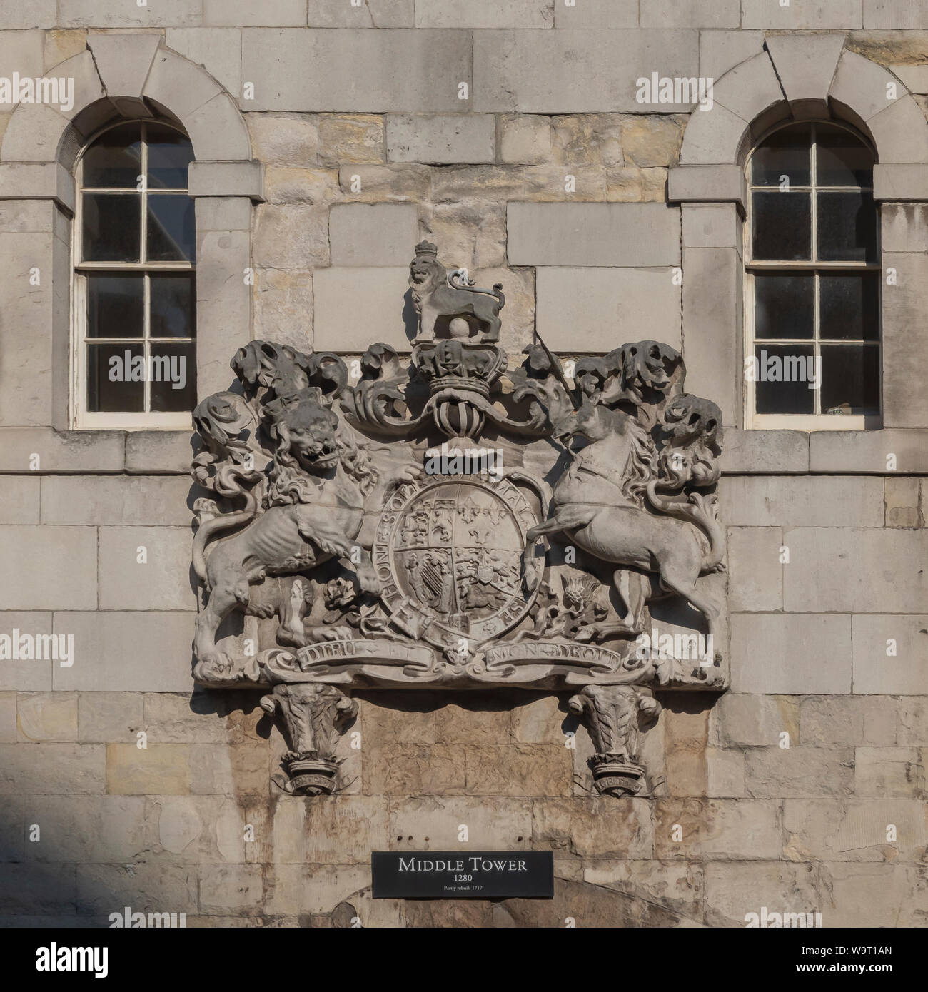 LONDON, UK - JULY 26, 2018: Carving of the Royal Crest on the Middle ...