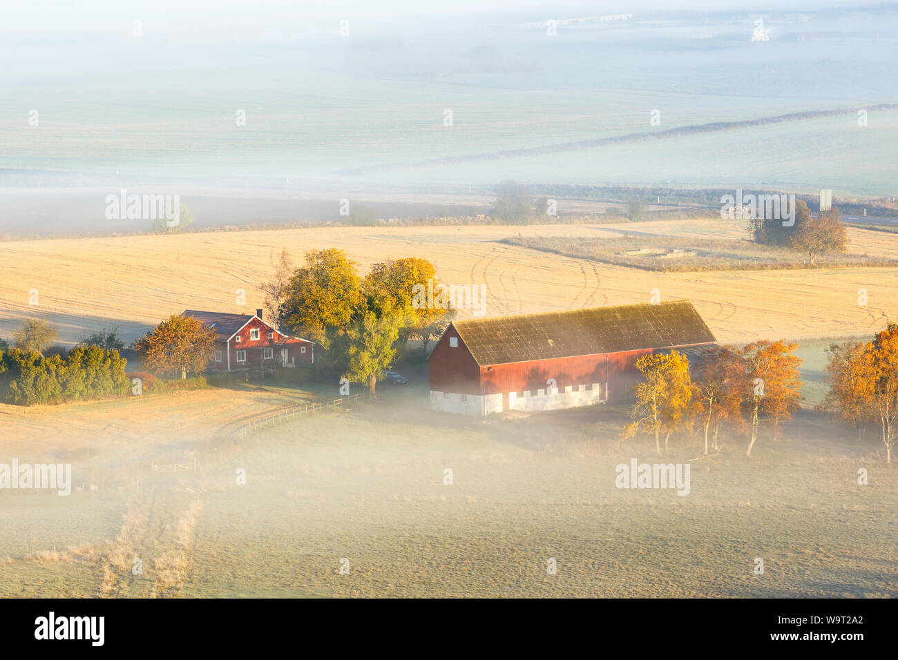 Farm building trees mist hi-res stock photography and images - Alamy