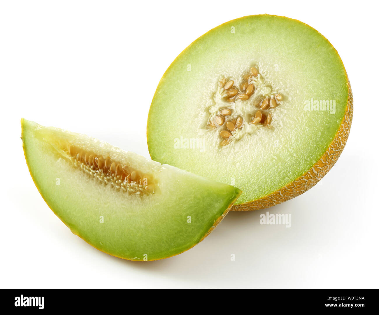 Half and slice melon fruits isolated on white background Stock Photo ...