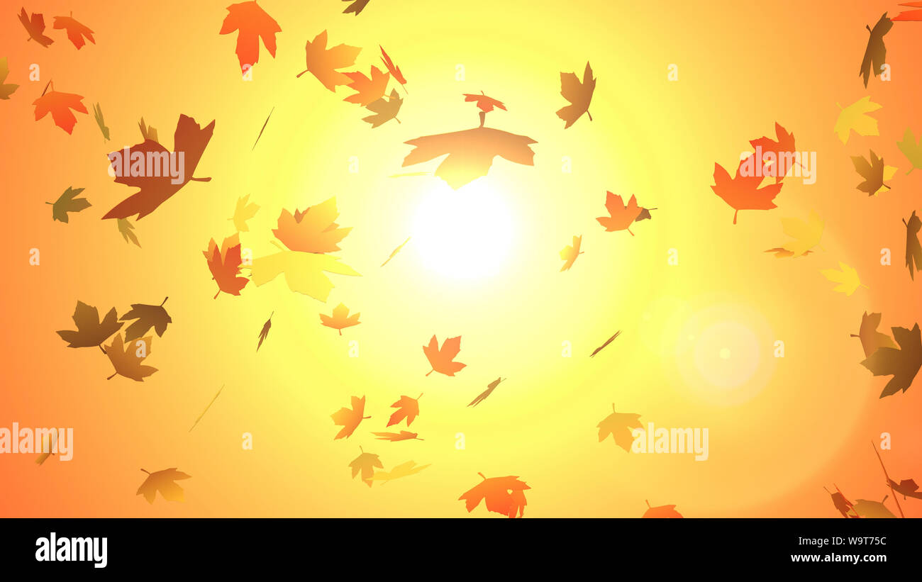 Realistic 3D illustration of Autumn Leaves falling down over Big Sun in ...