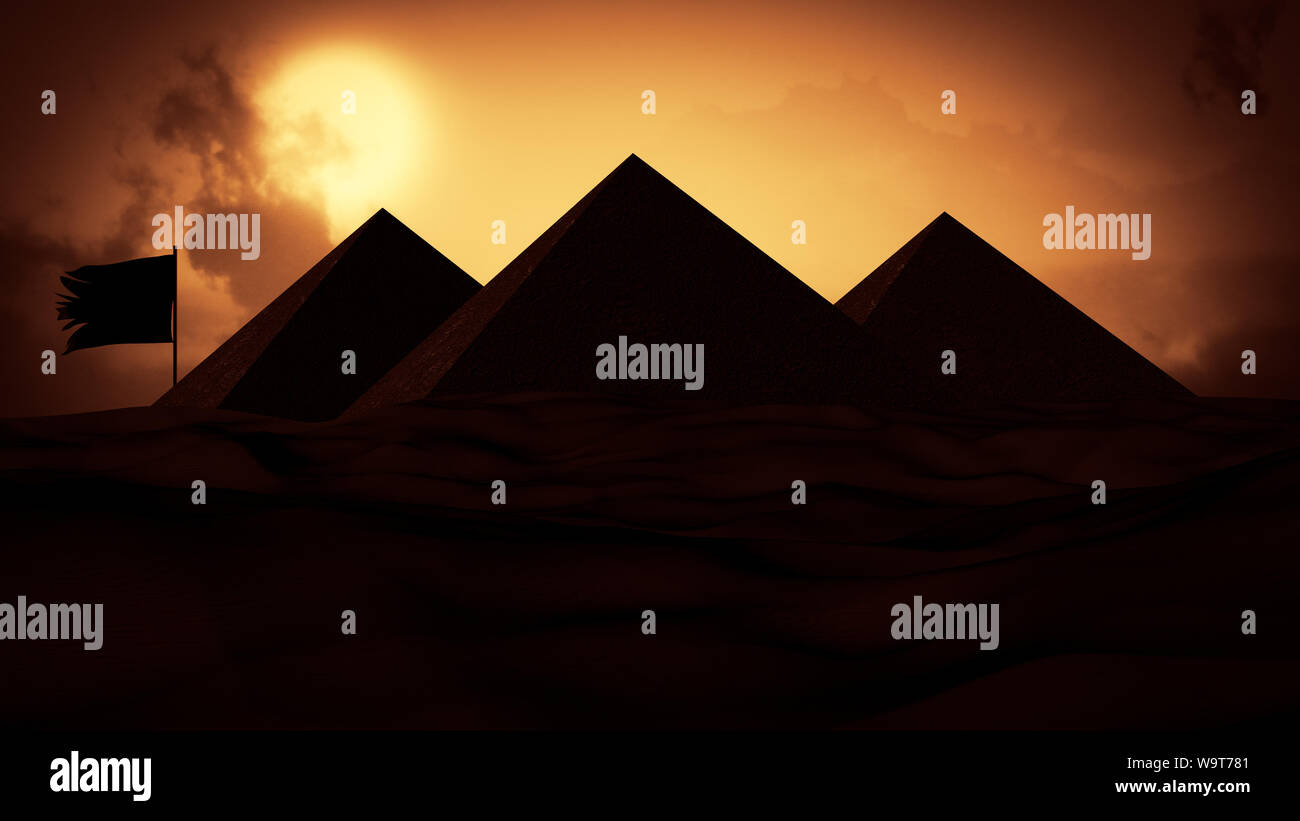 sun set in the desert, Big sun and some clouds with behind The Pyramids ...