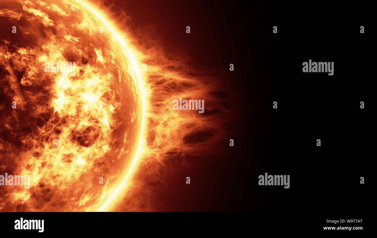 Realistic 3d illustration of Sun surface with solar flares, Burning of ...
