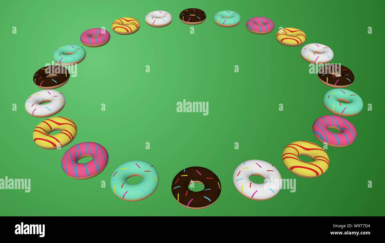 3D illustration of ring of colorful donuts over green screen, food ...