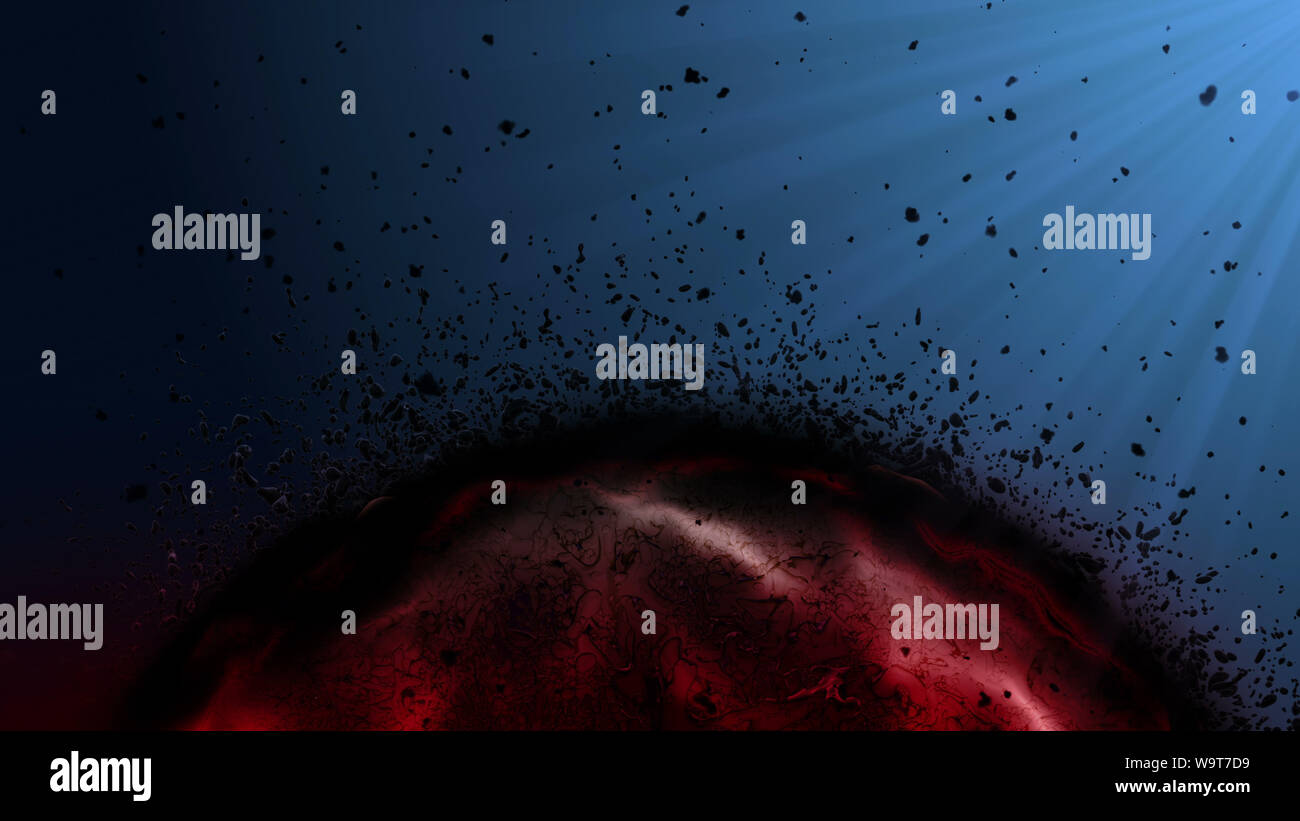 dying bloody cell and some parts Disintegrating and flying over black ...