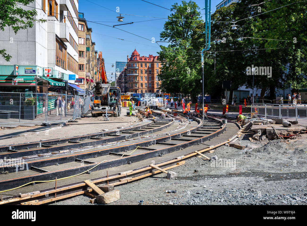 Tram tracks under construction in central Gothenburg, Sweden on 26 July ...