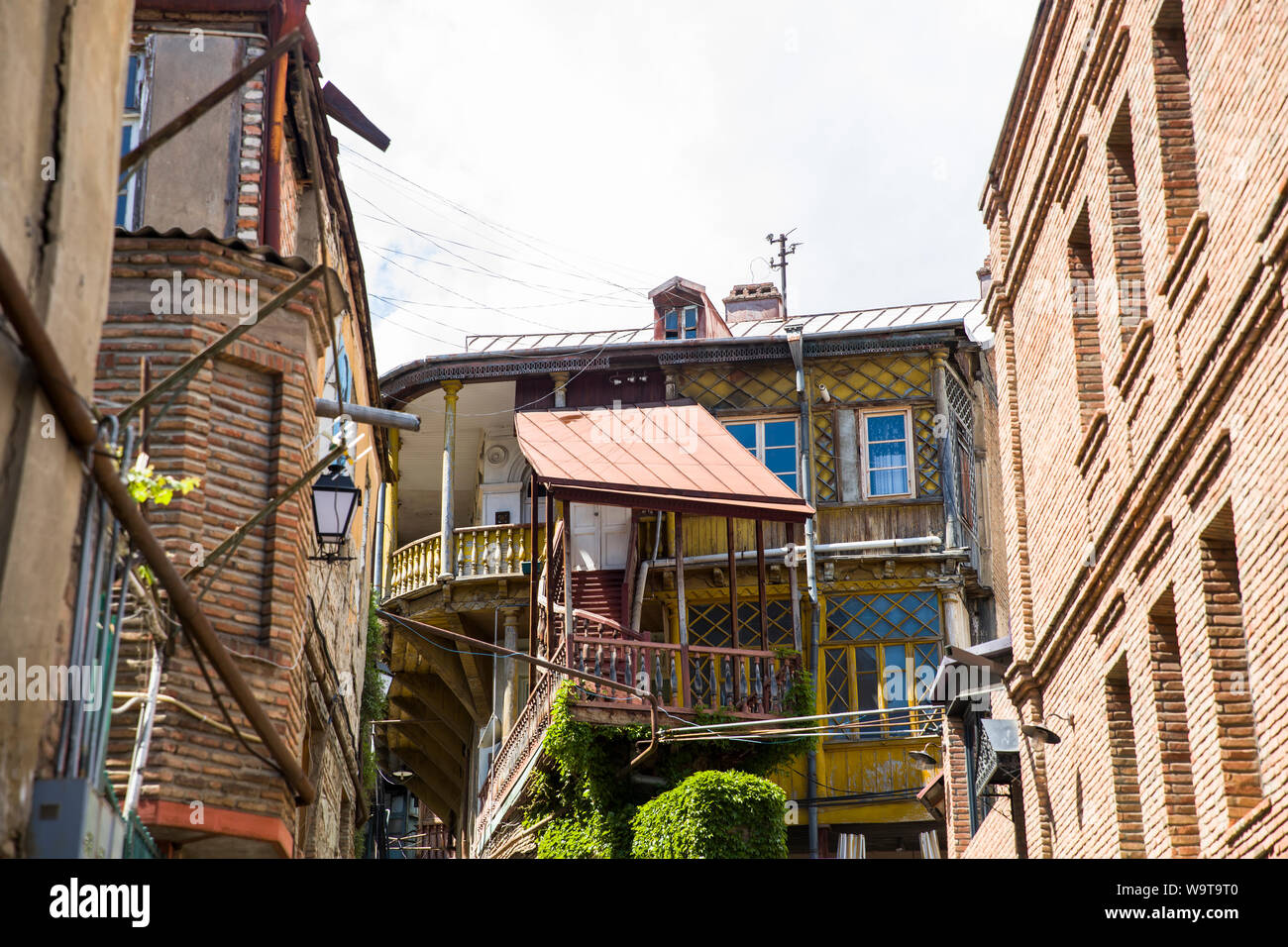 View at wooden carved balconies in the Old Town of Tbilisi, Georgia ...
