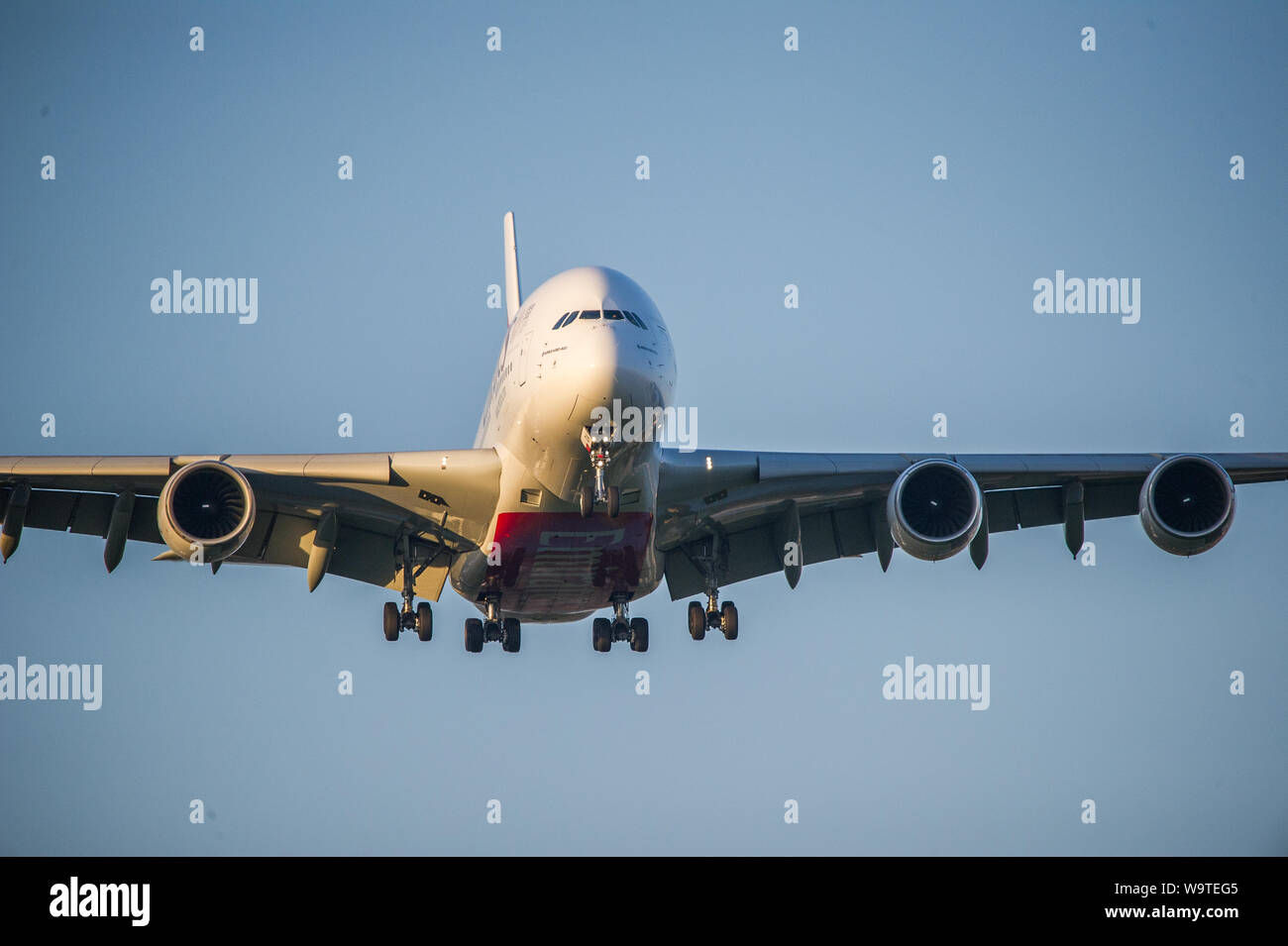 Glasgow, UK. 21 April 2019. Emirates Super Jumbo Airbus A380 seen at ...