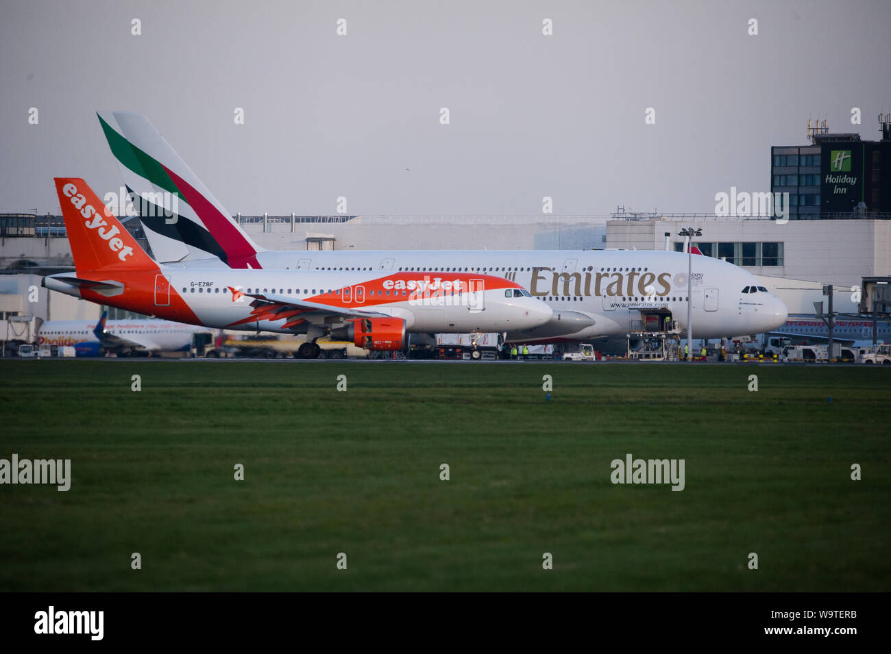 Glasgow, UK. 21 April 2019. Emirates Super Jumbo Airbus A380 seen at ...
