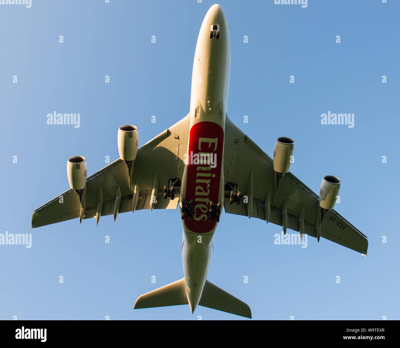 Glasgow, UK. 21 April 2019. Emirates Super Jumbo Airbus A380 seen at ...