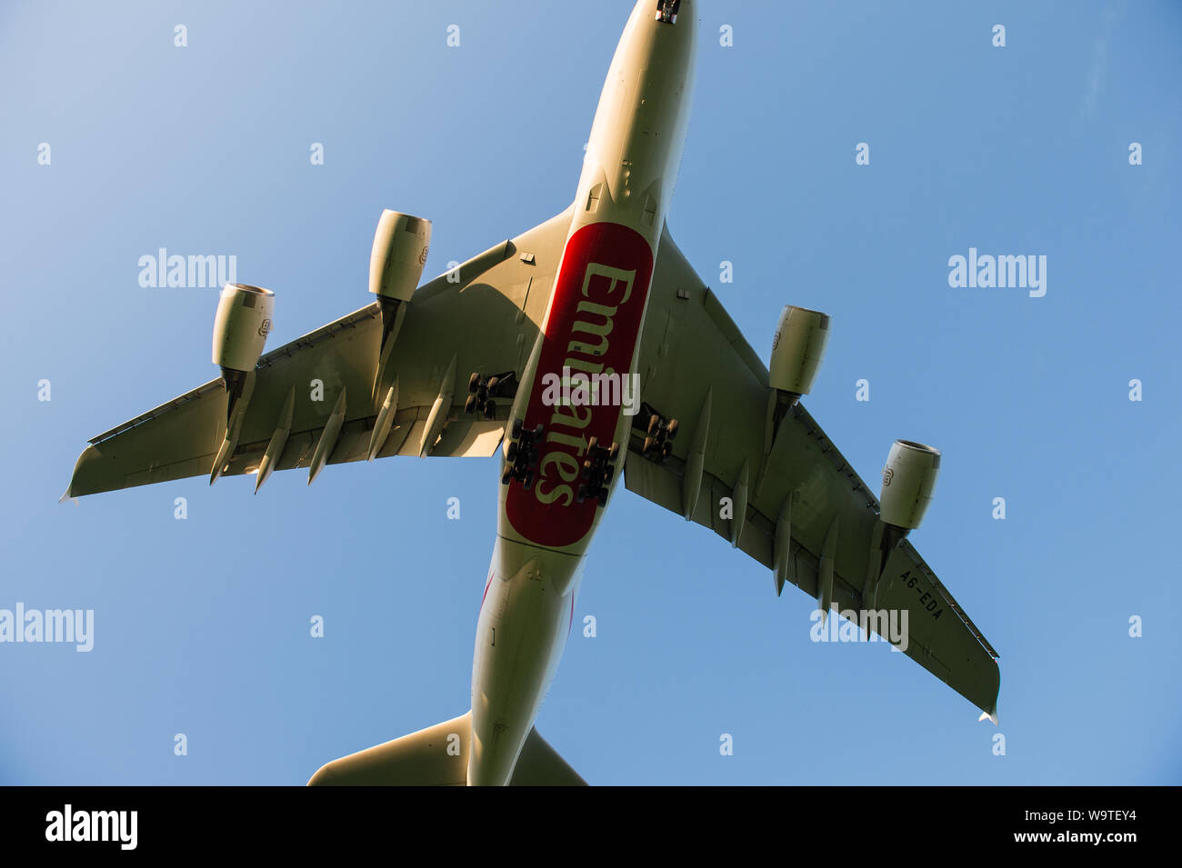 Glasgow, UK. 21 April 2019. Emirates Super Jumbo Airbus A380 seen at ...