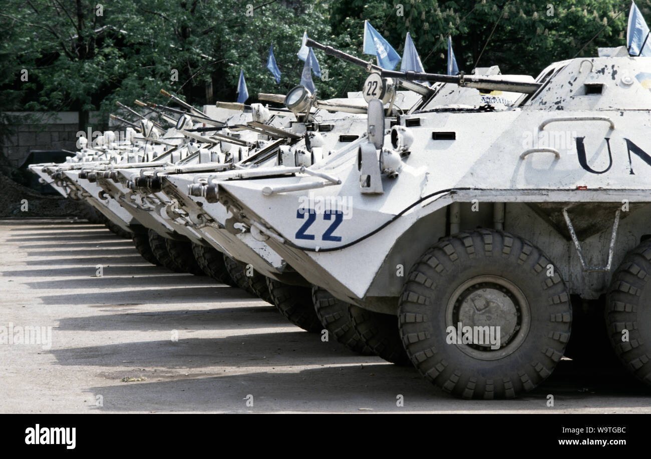 9th May 1993 During the Siege of Sarajevo: Ukrainian BTR-80 APCs parked ...