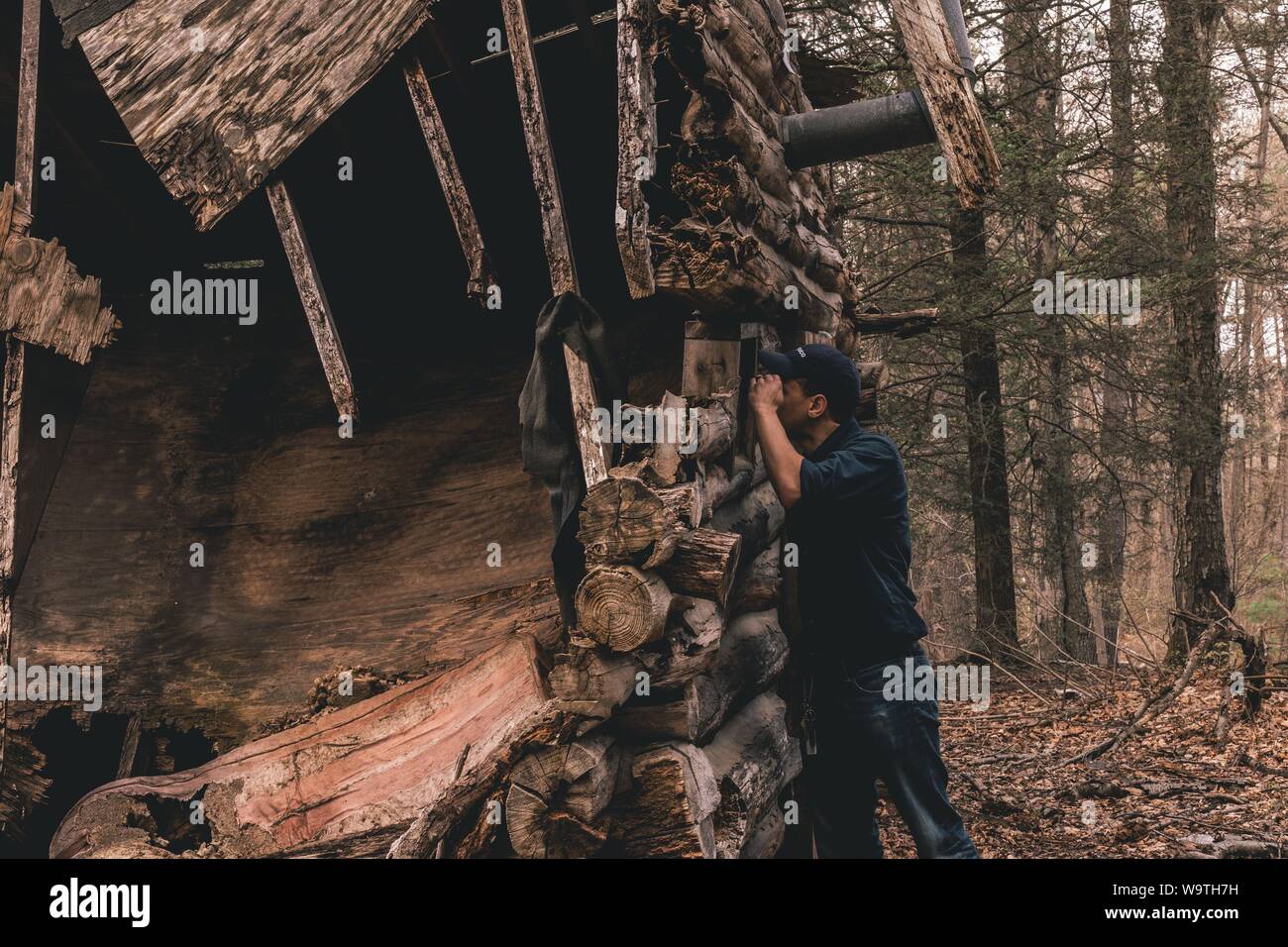 Shot of a male looking inside of a brown crashed wooden house Stock ...