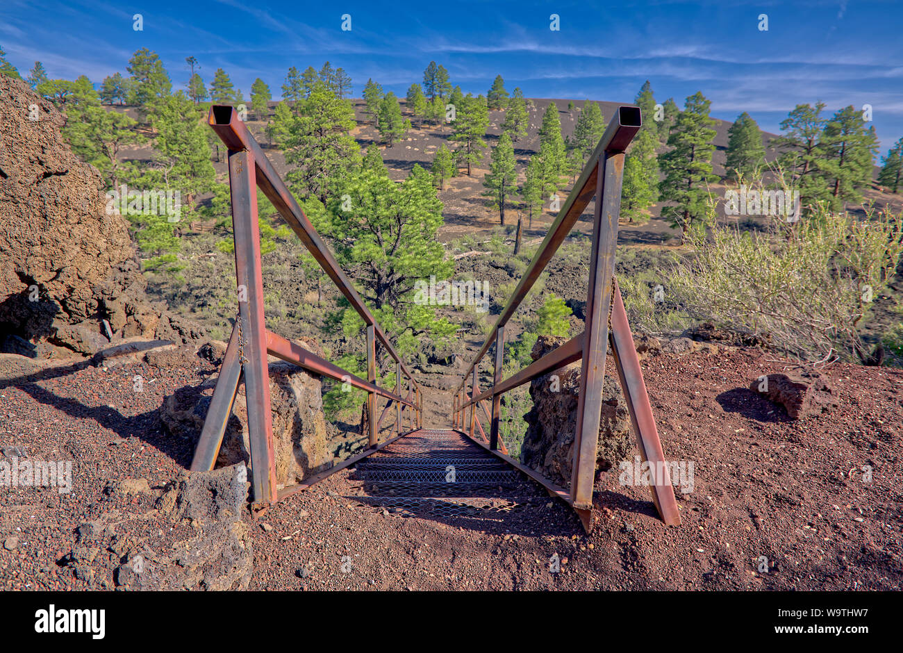 Steps leading into a lava pit, Lava Flow Trail, Sunset Crater National ...