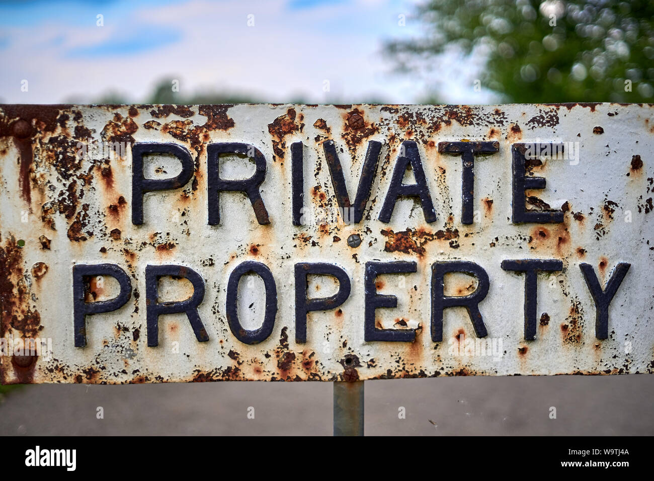 Vintage private property sign. Metallic and rusty. Close up Stock Photo ...