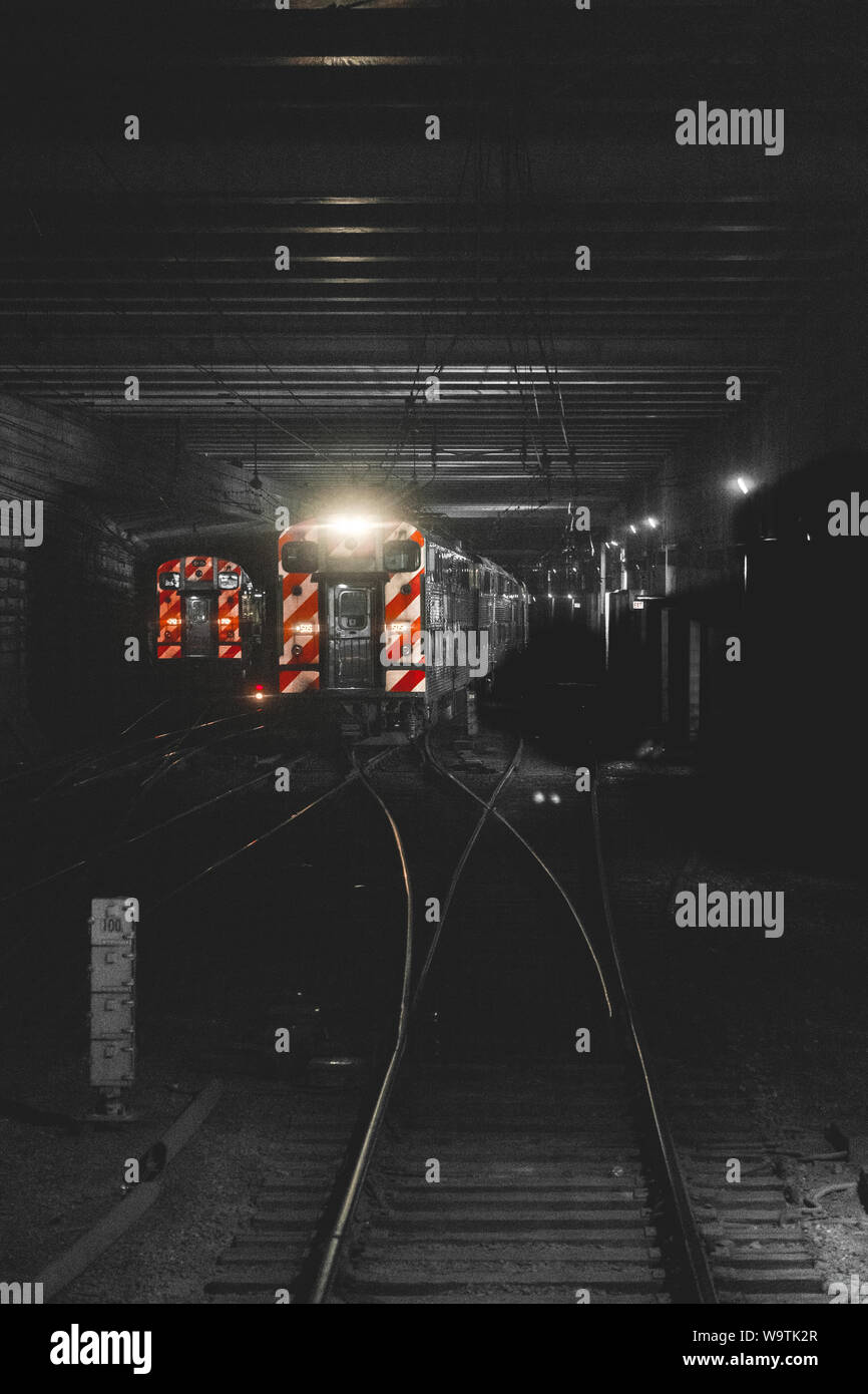 Two trains on elevated tracks, Chicago, Illinois, United States Stock ...