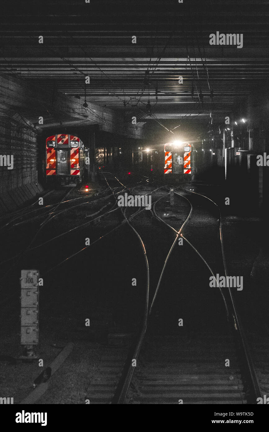 Two trains on elevated tracks, Chicago, Illinois, United States Stock ...