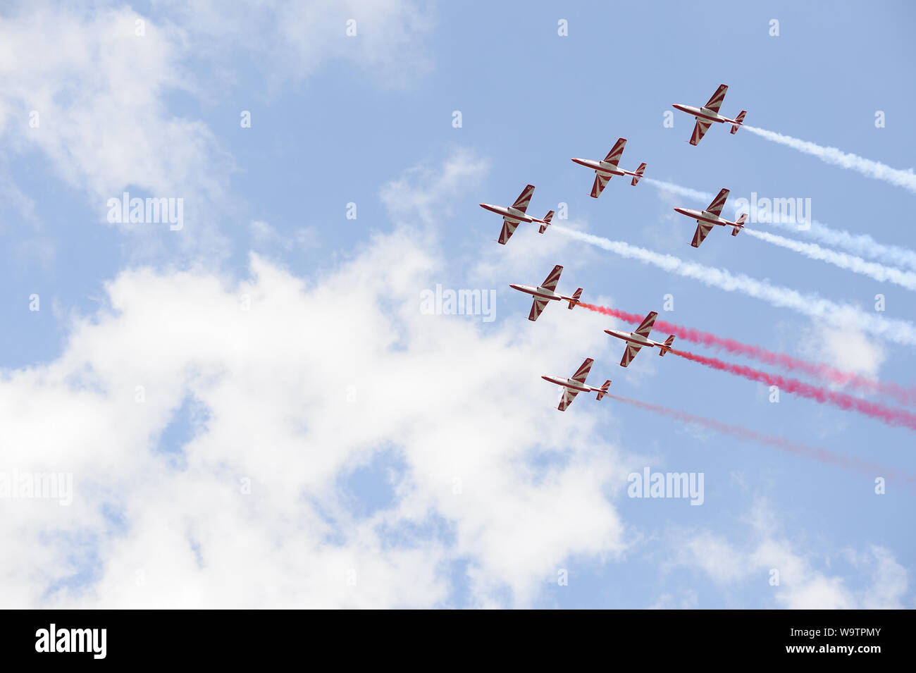 Military aircraft fly by during the event held in Katowice.On the ...