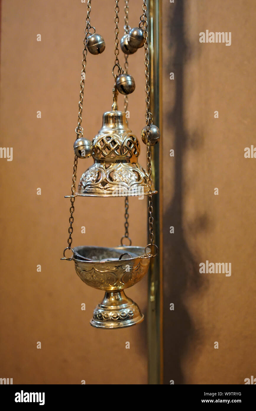 Hanging icon lamp in orthodox church. Orthodox icon lamp. Church ...