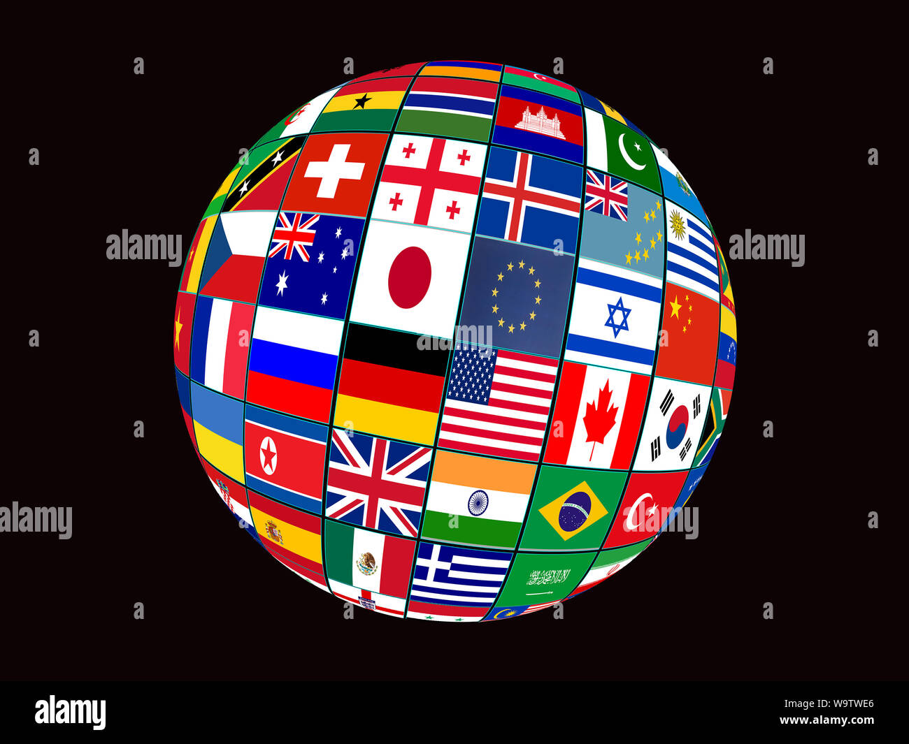Flag Globe with different country flags on black background Stock Photo ...