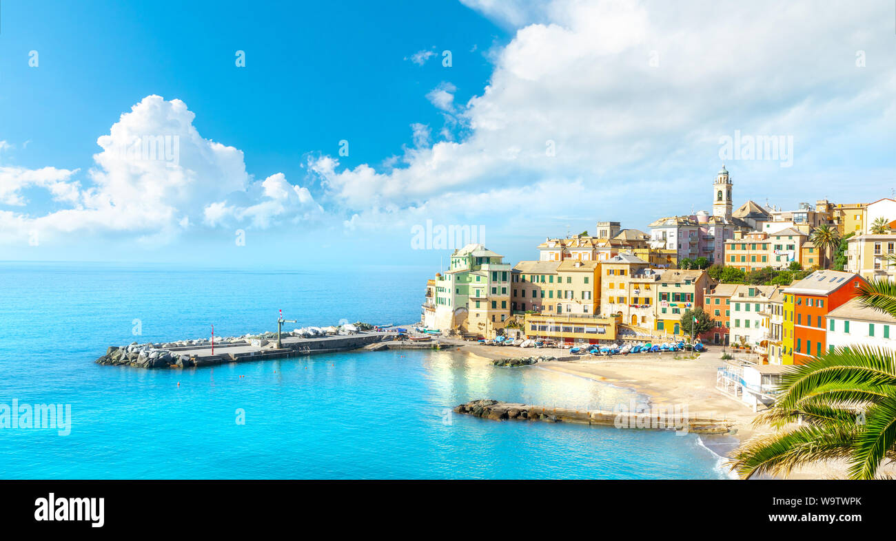 Sandy beach and architecture of bogliasco town hi-res stock photography ...