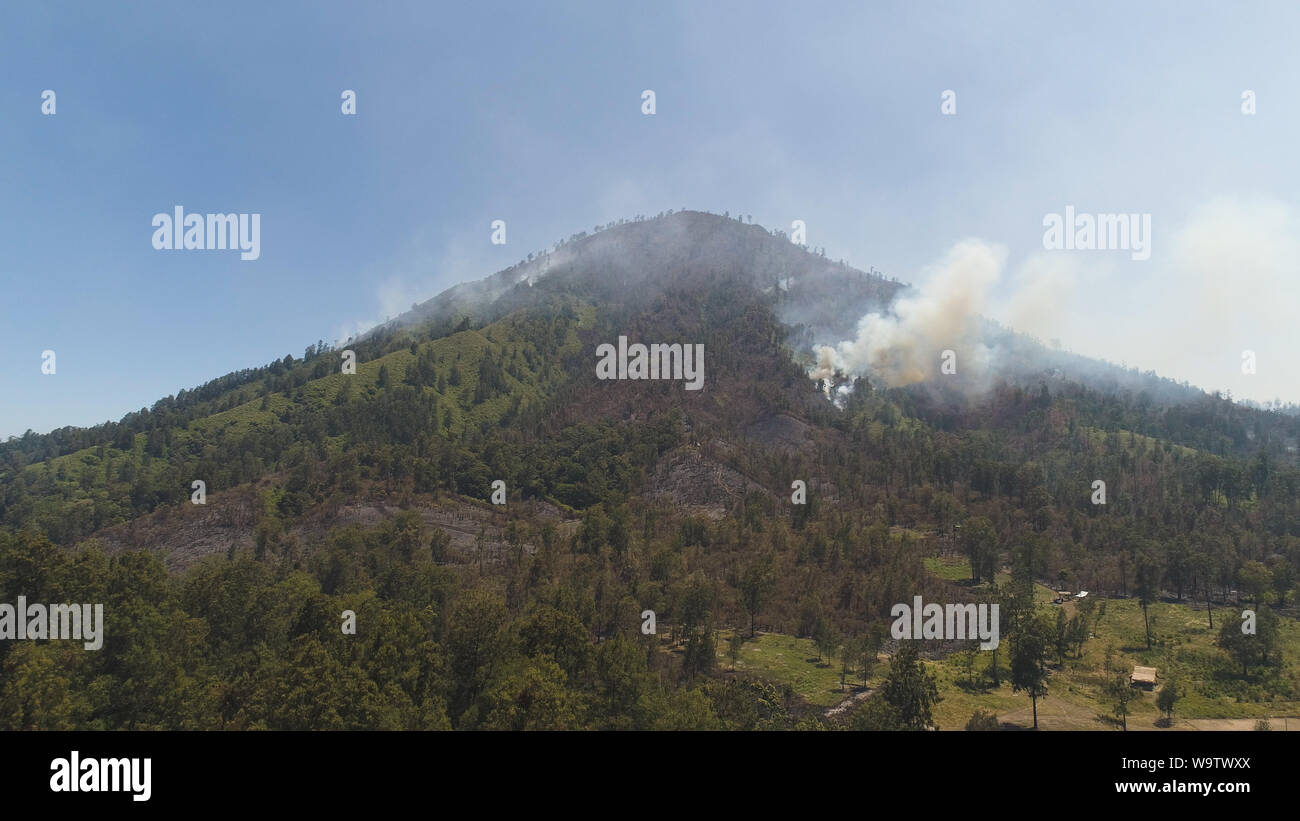 aerial view forest fire smoke on slopes hills. wild fire in tropical ...