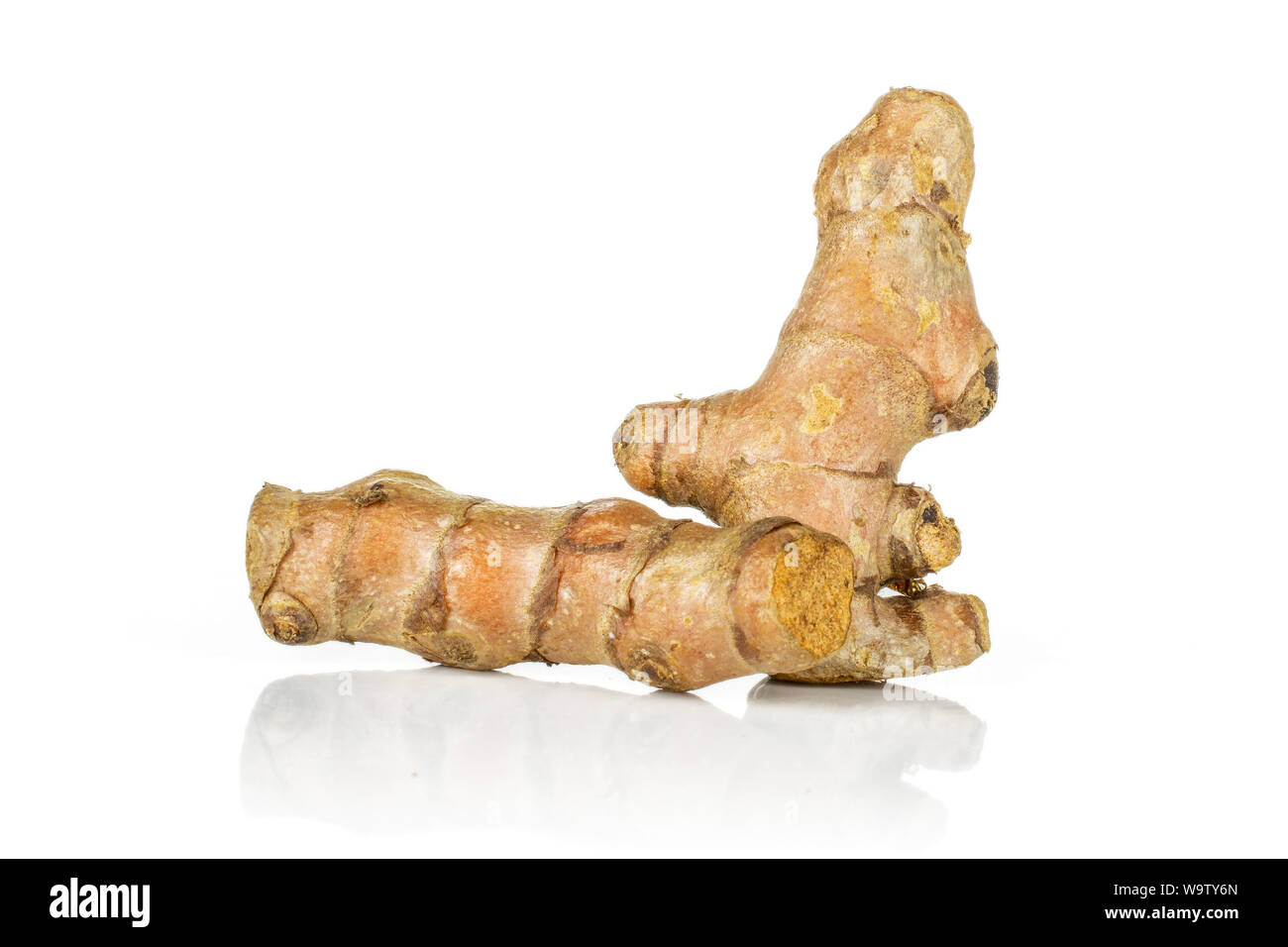 Group of two whole pungent bright turmeric rhizome isolated on white ...