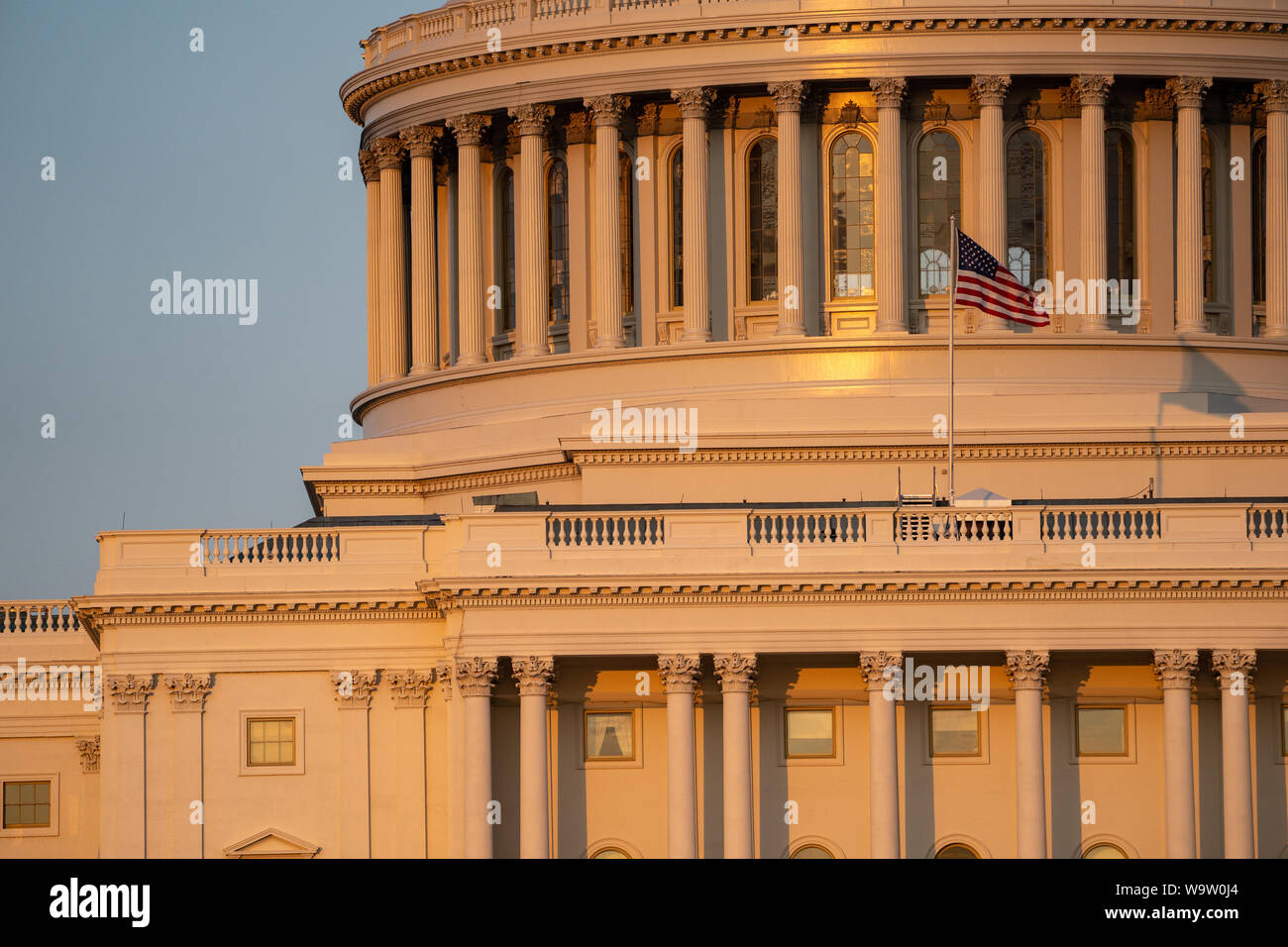 Close up sunset golden hour view of the US Capitol Building dome and ...