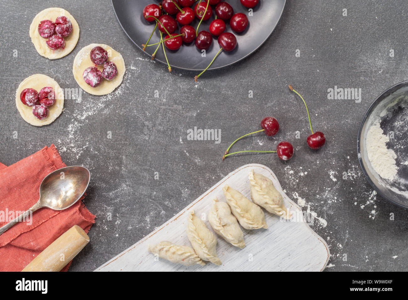 Cooking Dumplings. Ukrainian traditional cuisine. Top view Stock Photo ...