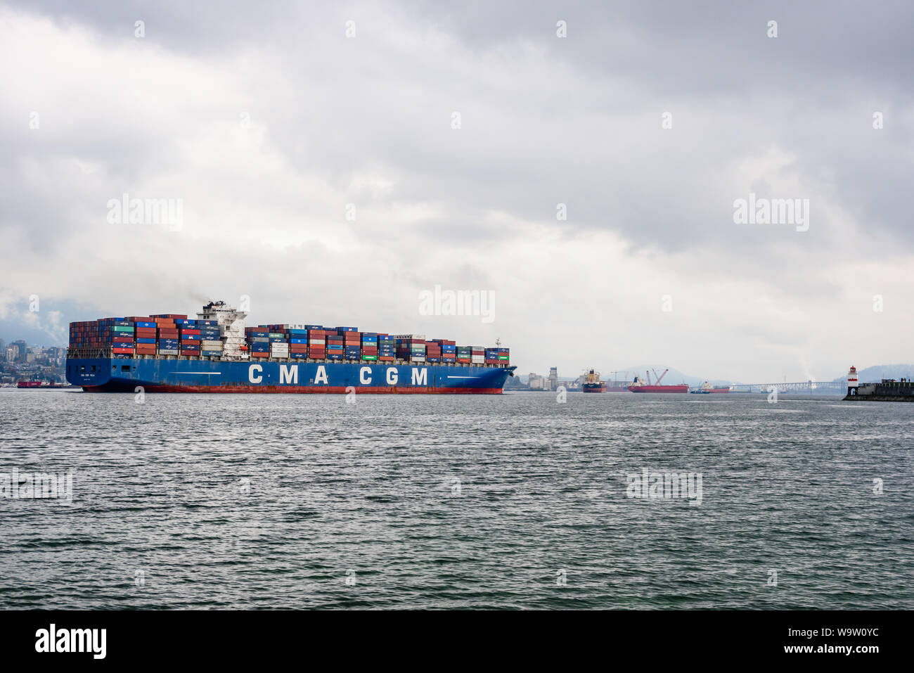 VANCOUVER, BC, CANADA - OCTOBER 30, 2018: The large loaded container ...