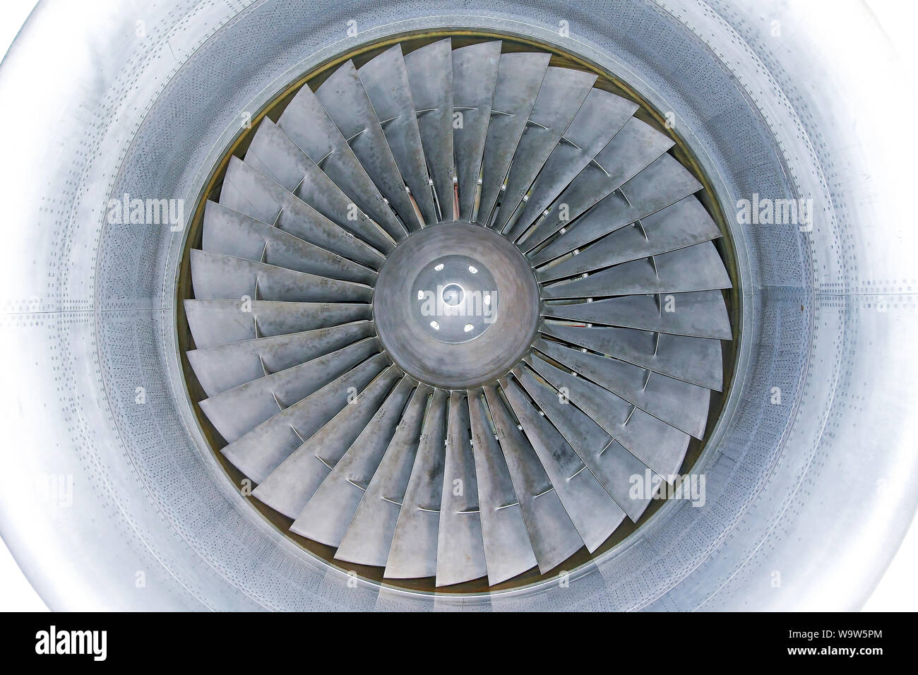 Interior of powerful jet engine turbine with titanium blades Stock ...