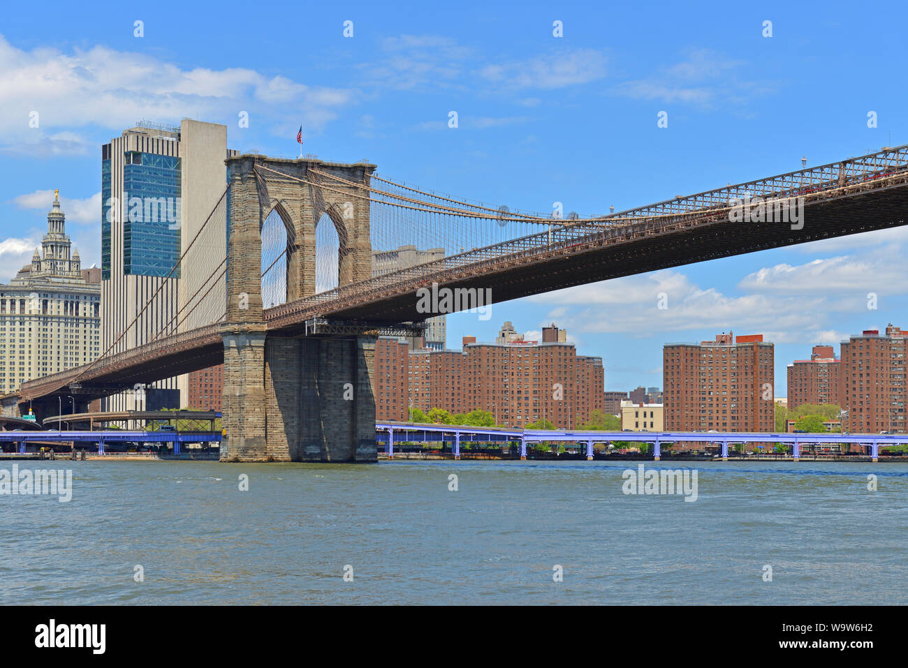 Old famous Brooklyn Bridge (1883), hybrid cable-stayed, suspension ...