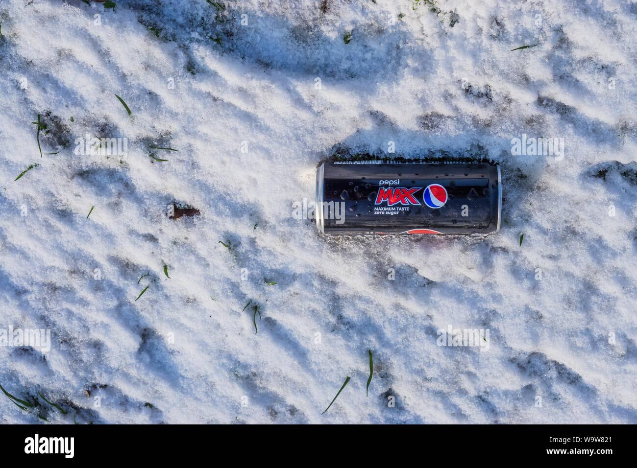 Pepsi max can laying the ice cold snow, refreshing drinks, Fizzy soft ...