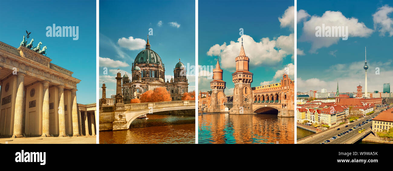 Berlin landmarks, toned travel collage. Brandenburg gate, Berlin ...