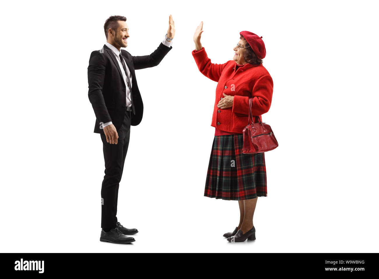Full length profile shot of a businessman gesturing high-five with an ...