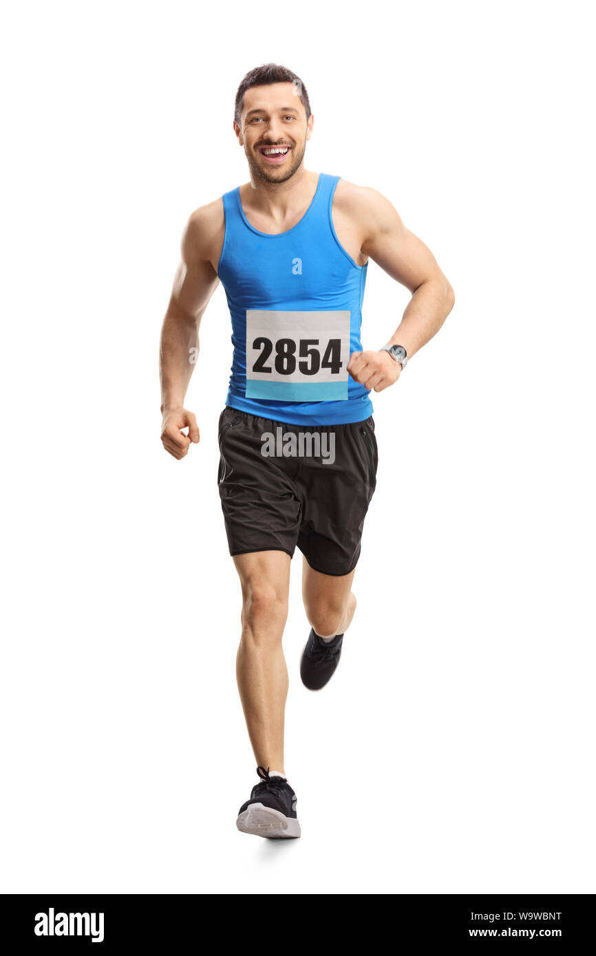 Full length portrait of a male runner on a marathon isolated on white ...